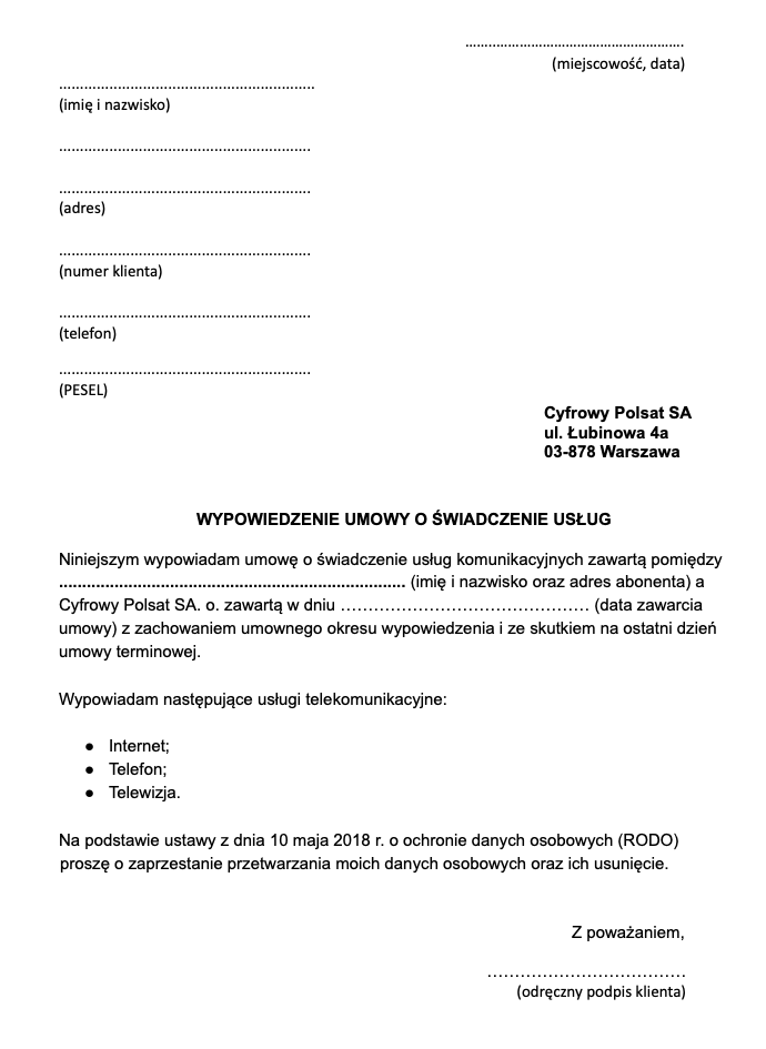 Zerwanie umowy z Cyfrowym Polsatem: Pobierz wzór oświadczenia do ...